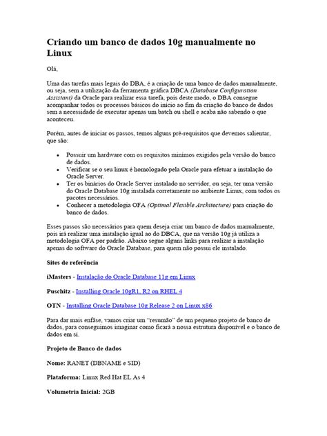 criando um banco de dados 10g manualmente no linux pdf linux