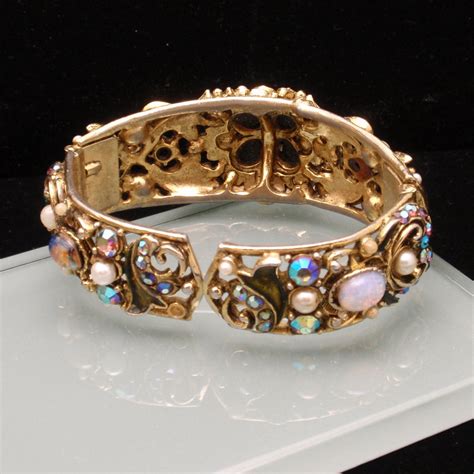 Double Hinged Cuff W Rhinestones And Imitation Opals Vintage World Of
