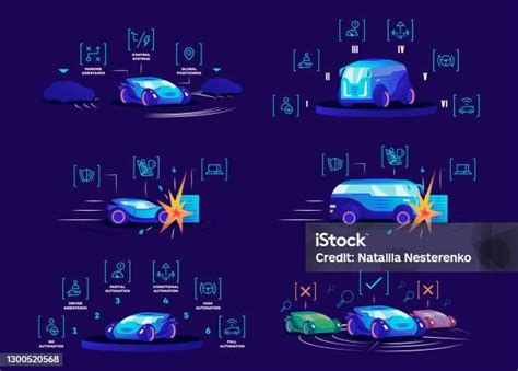 무인 자동차 플랫 컬러 벡터 일러스트 세트 파란색 배경에 자율 주행 차량 자율 주행 자동차의 장점 스마트 제어 시스템 다양한 자동화 모드 및 손상 보호 자동화에 대한 스톡