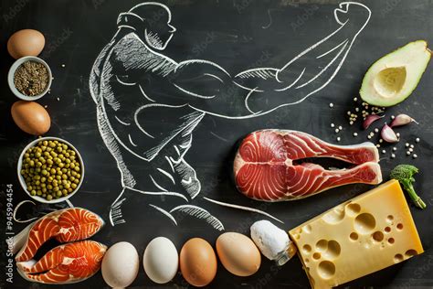 High Protein Foods Including Salmon Eggs And Cheese Arranged Around A
