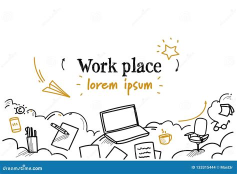 Business Work Desktop Laptop Workplace Desk Concept Sketch Doodle