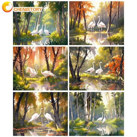 Chenistory Diy 손으로 그린 그림 크레인 선물 프레임 캔버스 숫자 색칠 그림 60x75cm 수공예품 및 바느질