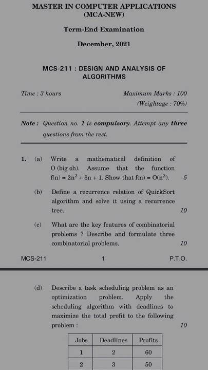 mcs 211 design and analysis of algorithms exam short youtube
