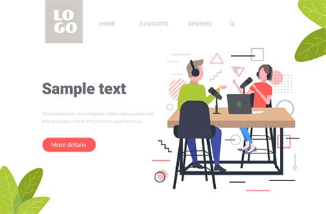 스튜디오 팟 캐스트 온라인 라디오 개념 남자에서 전체 길이 수평 복사 공간을 방송 하는 여자 인터뷰에 마이크 를 녹음 하는 팟 캐스터 개념에 대한 스톡 벡터 아트 및 기타