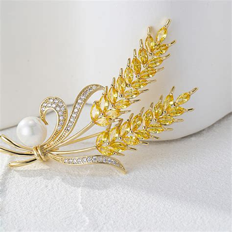 Badu Bg Нови модни брошки с форма на пшенично ухо Дамски елегантни жълти брошки с имитация на