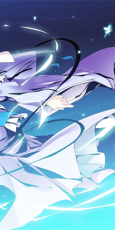 Обои на рабочий стол Аниме Синий Бабочка Кимоно Тохо Короткие