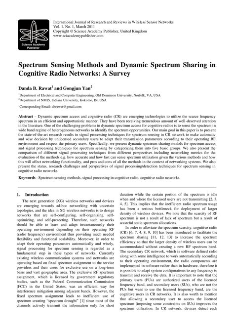 Pdf Spectrum Sensing Methods And Dynamic Spectrum Sharing In Cognitive Radio Networks A Survey