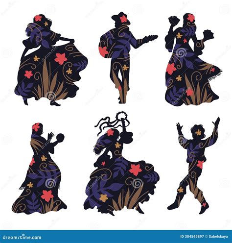 gypsy women and men dancing with tambourine guitar black silhouette