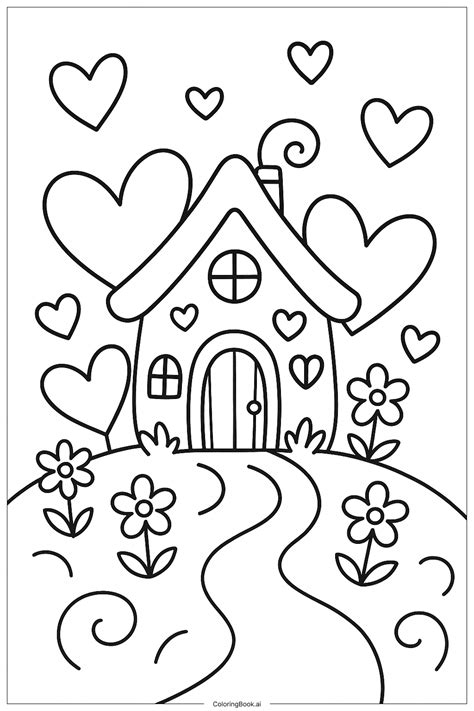 하트와 꽃이 있는 요정의 집 색칠하기 페이지 무료 Pdfandpng 인쇄 가능
