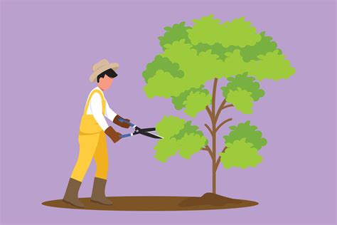 Cartoon Flat Style Drawing Gardener Trims Plant In Garden Man Cutting Tree In Park Pruning