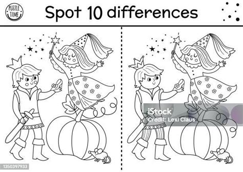흑백은 아이들을위한 차이 게임을 찾을 수 있습니다 귀여운 왕자 신발 요정 호박과 동화 교육 활동 아이들을위한 마법의 왕국 퍼즐 동화 인쇄 워크 시트 또는 색칠 페이지