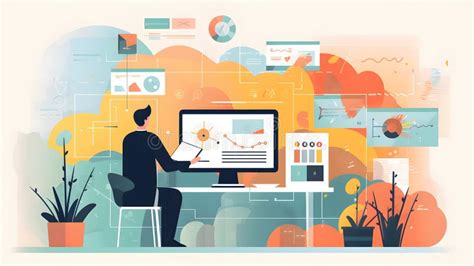 Man Sitting At Desk With Computer And Cup Of Coffee Generative Ai Stock Illustration