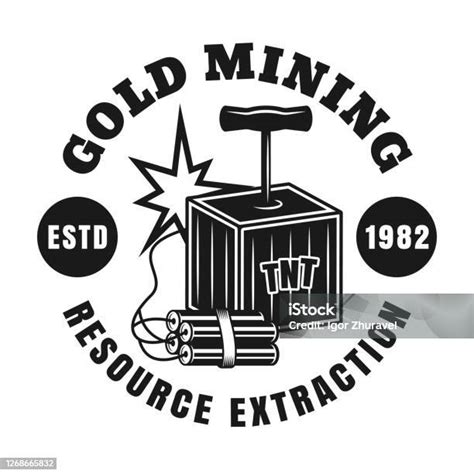 다이너마이트 핸들 기폭장치 벡터 흑백 엠블럼 배지 라벨 또는 로고 귀금속 광산 회사를 위한 빈티지 스타일로 화이트 백그라운드에서 격리 광산에 대한 스톡 벡터 아트 및 기타