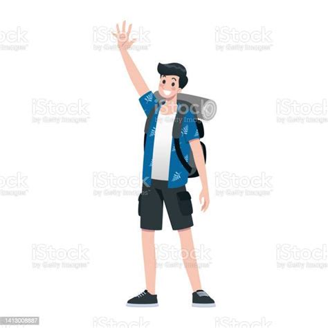 젊은 행복 남자 관광 플랫 만화 캐릭터 여름 휴가 여행에서 남성 사람들을 여행 흰색 배경에 고립 관광에 대한 스톡 벡터 아트 및
