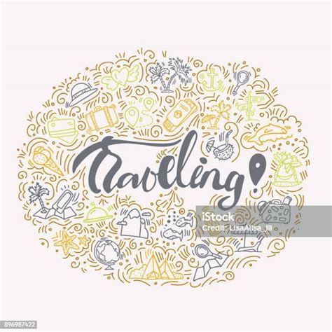 여름 및 비치 손 아이콘 개념을 그립니다 여행 만화 장식 요소와 함께 Ellipce 형태로 여름 아이콘 모음 코코넛 보트 모래 아이스크림 요소를 서핑 행복 한 여름 휴가