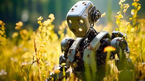 Premium Photo Robot Sitting In The Middle Of Field Of Grass And Yellow Flowers Generative Ai