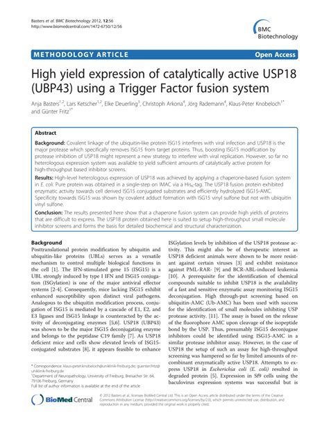 Pdf High Yield Expression Of Catalytically Active Usp18 Ubp43 Using A Trigger Factor Fusion