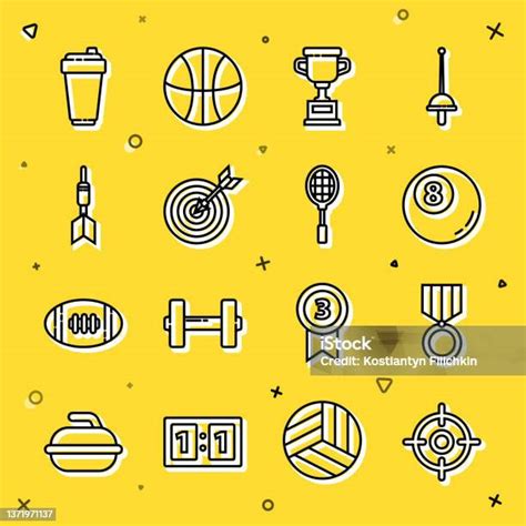 세트 라인 대상 스포츠 메달 당구 수영장 스누커 공 어워드 컵 화살표 다트 피트니스 셰이커 및 테니스 라켓 아이콘 벡터 건강한 생활방식에 대한 스톡 벡터 아트 및 기타