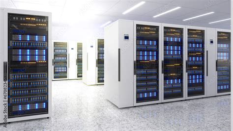 Shot Of Data Center With Multiple Rows Of Fully Operational Server Racks Modern