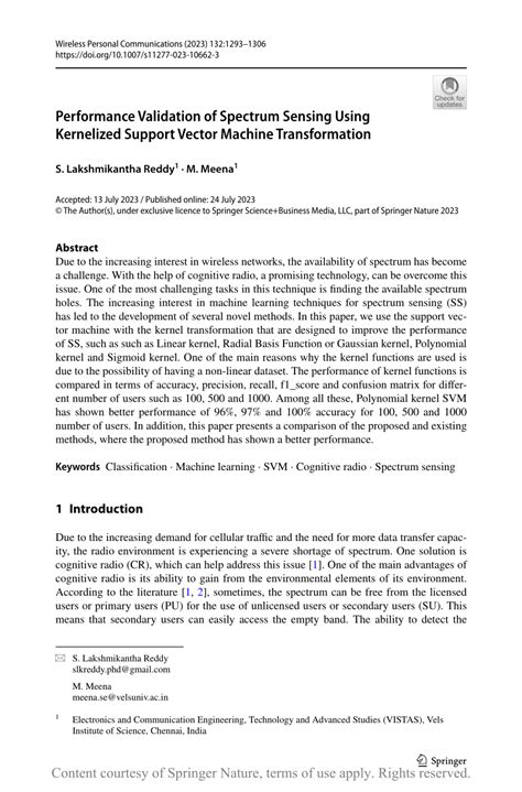 Performance Validation Of Spectrum Sensing Using Kernelized Support