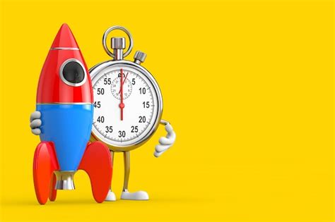 Premium Photo Modern Stopwatch Cartoon Person Character Mascot With Cartoon Toy Rocket 3d