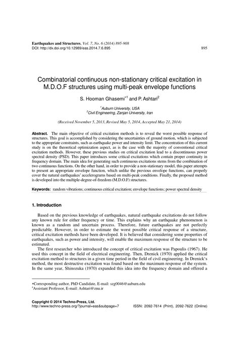 Pdf Combinatorial Continuous Non Stationary Critical Excitation In Mdof Structures Using