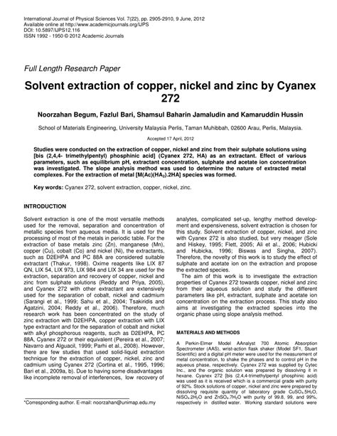 Pdf Solvent Extraction Of Copper Nickel And Zinc By Cyanex 272