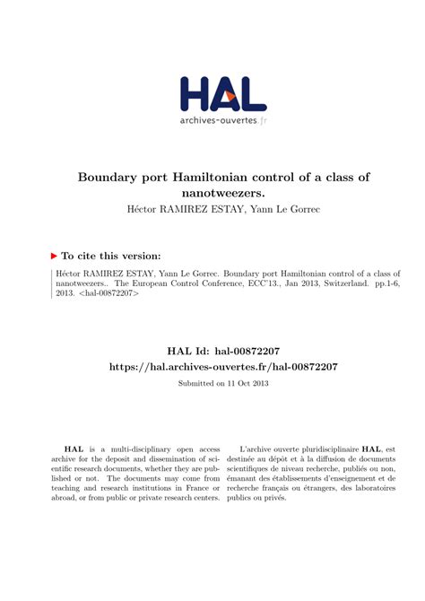 Pdf Boundary Port Hamiltonian Control Of A Class Of Nanotweezers