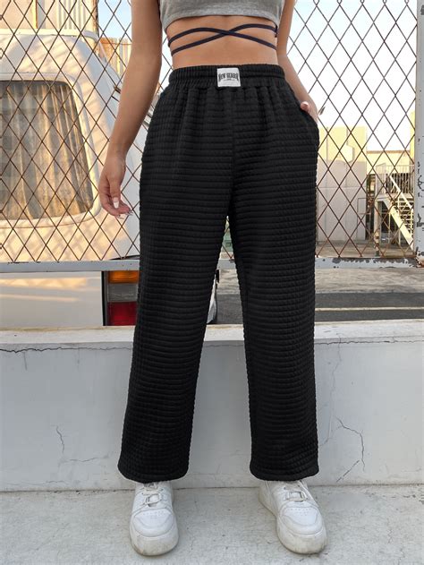 Shein بناطيل رياضي خصر عالي تفاصيل مرقع بعبارة