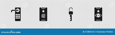 Set Digital Door Lock Mobile With Fingerprint Scan Unlocked Key And Eye Icon Vector Stock