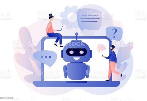 챗봇 개념 Ai 로봇 도우미 온라인 고객 지원 노트북에서 챗봇과 채팅하는 작은 사람들 현대 평면 만화 스타일입니다 흰색 배경의 벡터 그림 가상현실에 대한 스톡 벡터 아트 및