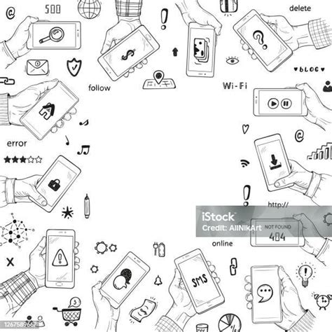 스마트 폰과 소셜 미디어 아이콘을 들고 손으로 그린 낙서 인간의 손의 사각형 프레임 웹 배너 벡터 일러스트레이션 개념에 대한 스톡 벡터 아트 및 기타 이미지 Istock