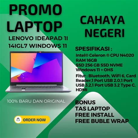 Jual Promo Laptop Lenovo Ideapad I Igl Intel Celeron N Ram Gb Ssd Gb Windows
