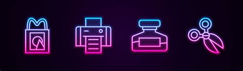 라인 종이 쇼핑백 프린터 잉크 병 및 가위를 설정합니다 빛나는 네온 아이콘입니다 벡터 가위에 대한 스톡 벡터 아트 및 기타