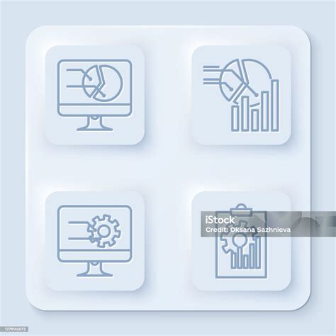 그래프 차트 원형 차트 인포그래픽 그래프 차트가 있는 컴퓨터 모니터 그래프 차트가 있는 클립보드와 함께 라인 컴퓨터 모니터를 설정합니다 흰색 정사각형 버튼 벡터 0명에 대한