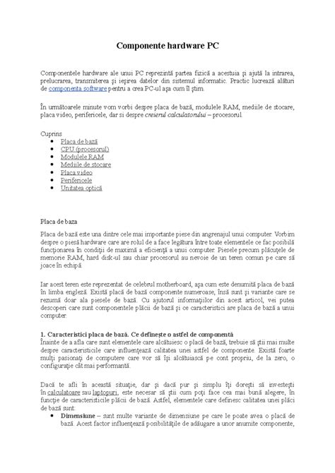 Componente Hardware Pc Componente Hardware Pc Componentele Hardware Ale Unui Pc Reprezintă