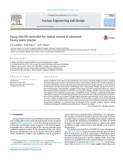 Pdf Fuzzy Like Pd Controller For Spatial Control Of Advanced Heavy Water Reactor