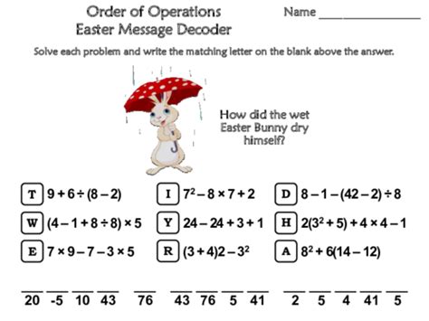 Order Of Operations Easter Math Activity Message Decoder Teaching