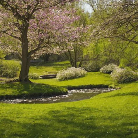 Premium Photo A Small Stream Runs Through A Park With A Bench And A Small Stream