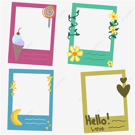 아이스크림 사랑 꽃과 달 별과 다채로운 귀여운 폴라로이드 사진 일러스트 프레임 보 려 래 예술 보리 사랑 폴라로이드 Png