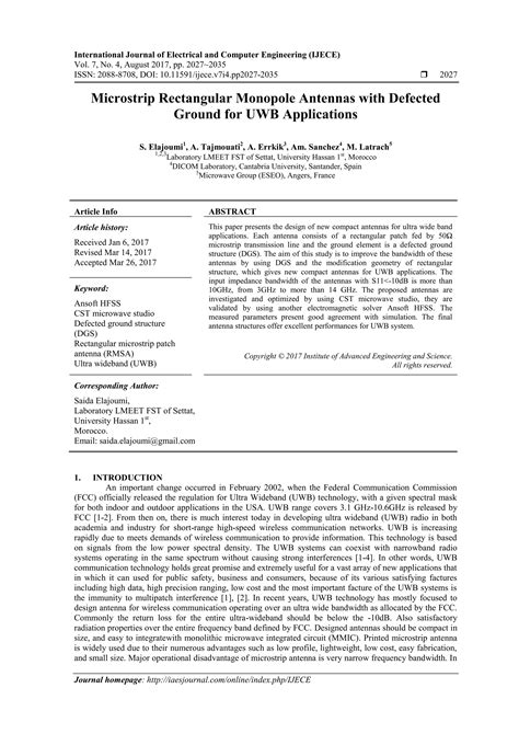 Microstrip Rectangular Monopole Antennas With Defected Ground For Uwb Applications Pdf