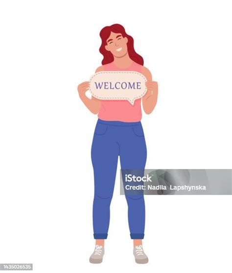 아니에요 쾌활한 여자는 환영 표지판을 들고 서서 웃고 있습니다 흰색 배경에 격리된 평면 그래픽 벡터 일러스트 레이 션 고객에 대한 스톡 벡터 아트 및 기타 이미지 Istock