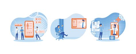 스마트폰의 의료 앱을 사용하여 환자를 진찰하는 의사 의학 온라인 서비스 또는 플랫폼 온라인 의료 상담 및 지원 서비스 개념 세트 평면 벡터 현대 일러스트 레이 션 Brand