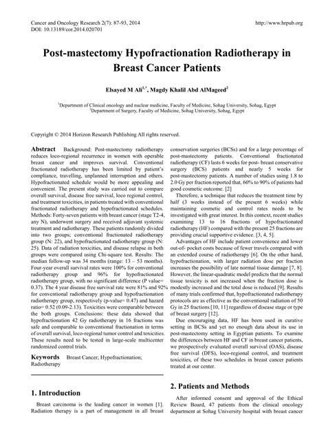 Pdf Post Mastectomy Hypofractionation Radiotherapy In Breast Cancer