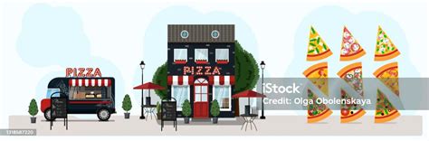 푸드 트럭 피자 가게와 함께 설정 큰 벡터 피자 세트 피자 길거리 음식 밴 레스토랑 외관의 벡터 플랫 일러스트 슬라이스 공원과 거리에서 패스트 푸드의 세련된 복고풍 그림
