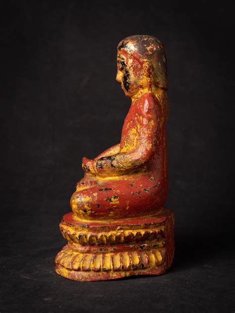 14th Century Very Early Old Wooden Burmese Monk Statue In Bhumisparsha