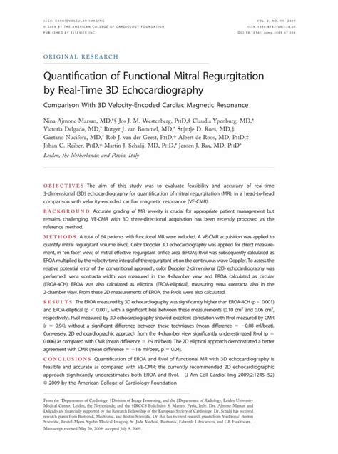 Pdf Quantification Of Functional Mitral Regurgitation By Real Time 3d