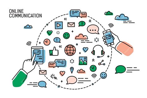 스마트폰과 소셜 미디어 인터넷 네트워크 채팅 및 인스턴트 메시징의 상징을 둥근 모양으로 배열한 두 손 온라인 커뮤니케이션 라인 아트 스타일의 벡터 일러스트 레이 션