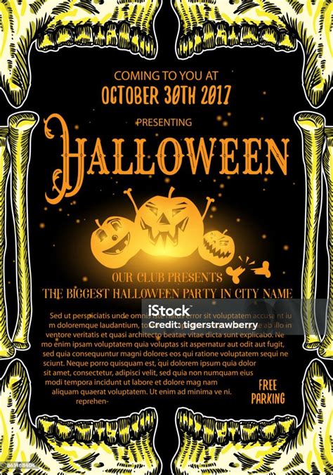 손을 그린 할로윈 축 하 카드 또는 전단지 자체 하 고 무서운 인간 두개골과 뼈대 부품 할로윈 포스터와 배너 장식 배경입니다