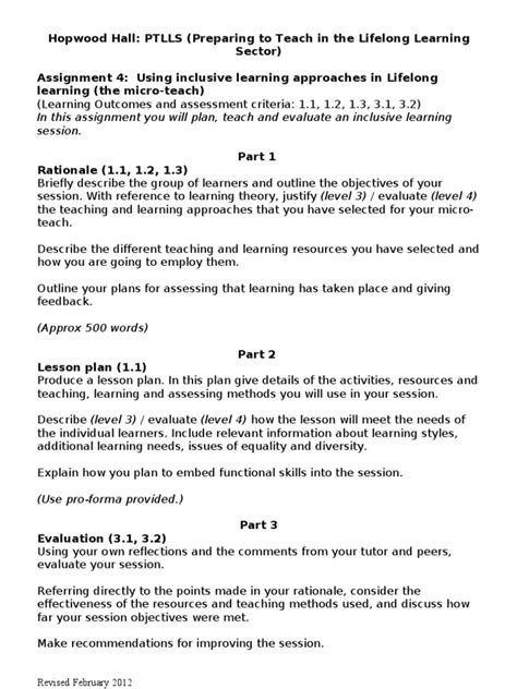 New Ptlls Assignment 4 Levels 3 And 4 Revised February 2012 Pdf Lifelong Learning Lesson Plan